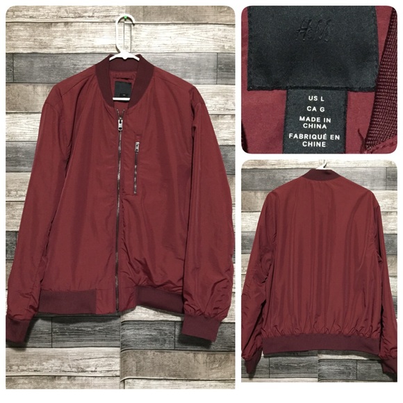 H&M | Jackets & Coats | Hm Bomber Jacket Mens L Burgundy Red Full Zip ...